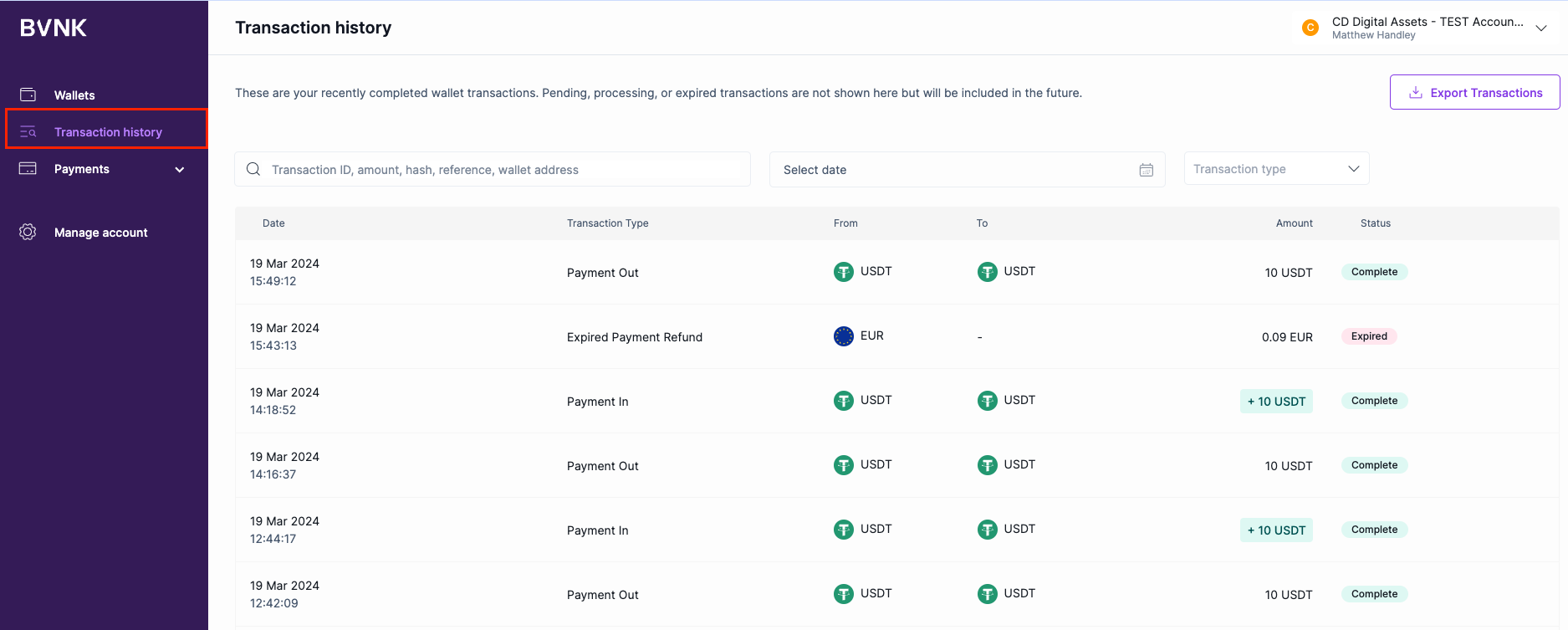 Search through your Transaction History – BVNK Help Centre